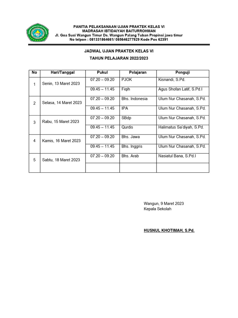 JADWAL UJIAN PRAKTEK KELAS VI News | PDF