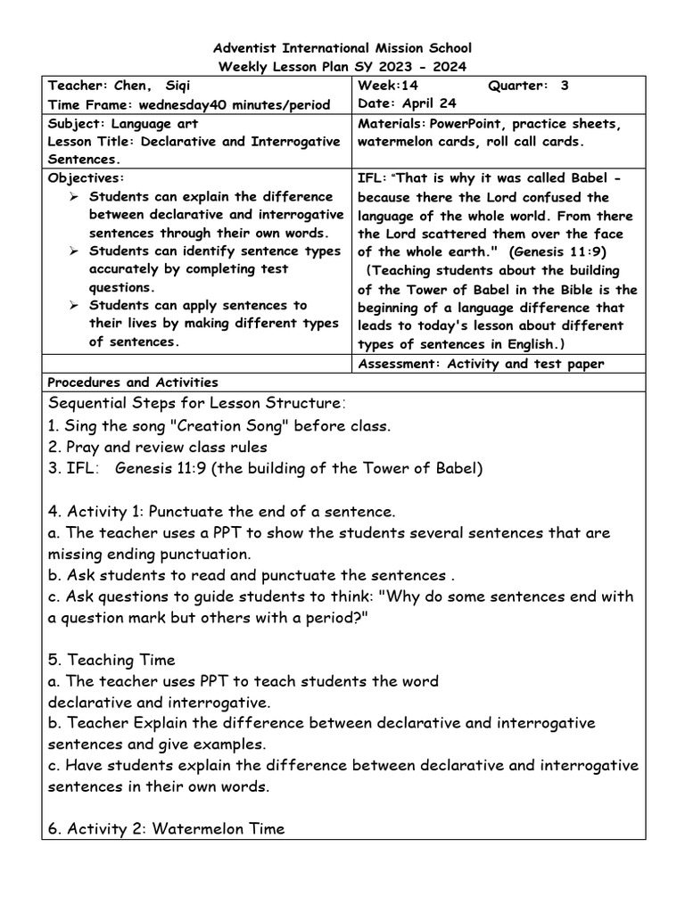 g2 Lesson Plan Declarative and Interrogative Sentences | PDF | Question ...