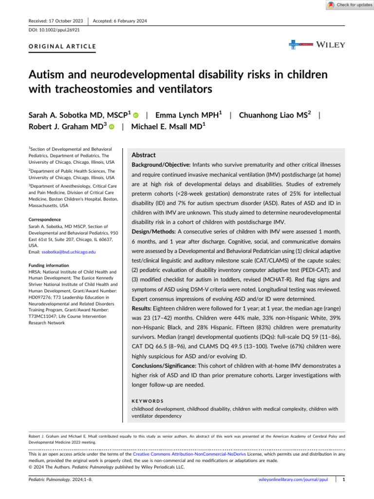 Pediatric Pulmonology - 2024 - Sobotka - Autism and Neurodevelopmental Disability Risks in ...