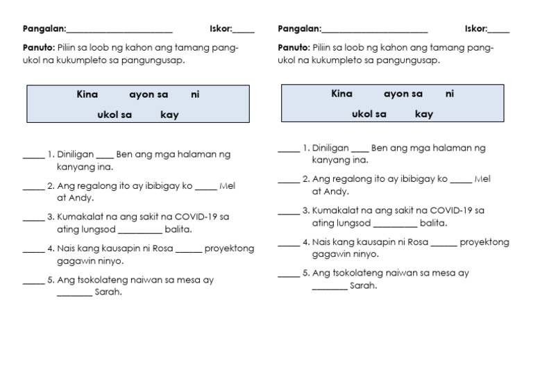 FILIPINO WORKSHEET 5 - Paggamit NG Wastong Pang-Ukol-1 | PDF