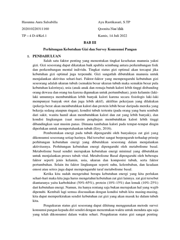 Laporan Praktikum Bab 3 Perhitungan Kebutuhan Gizi Dan Survei Konsumsi Pangan | PDF
