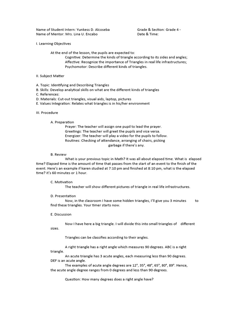 Grade 4 Triangle Lesson Plan | PDF | Triangle | Cognition