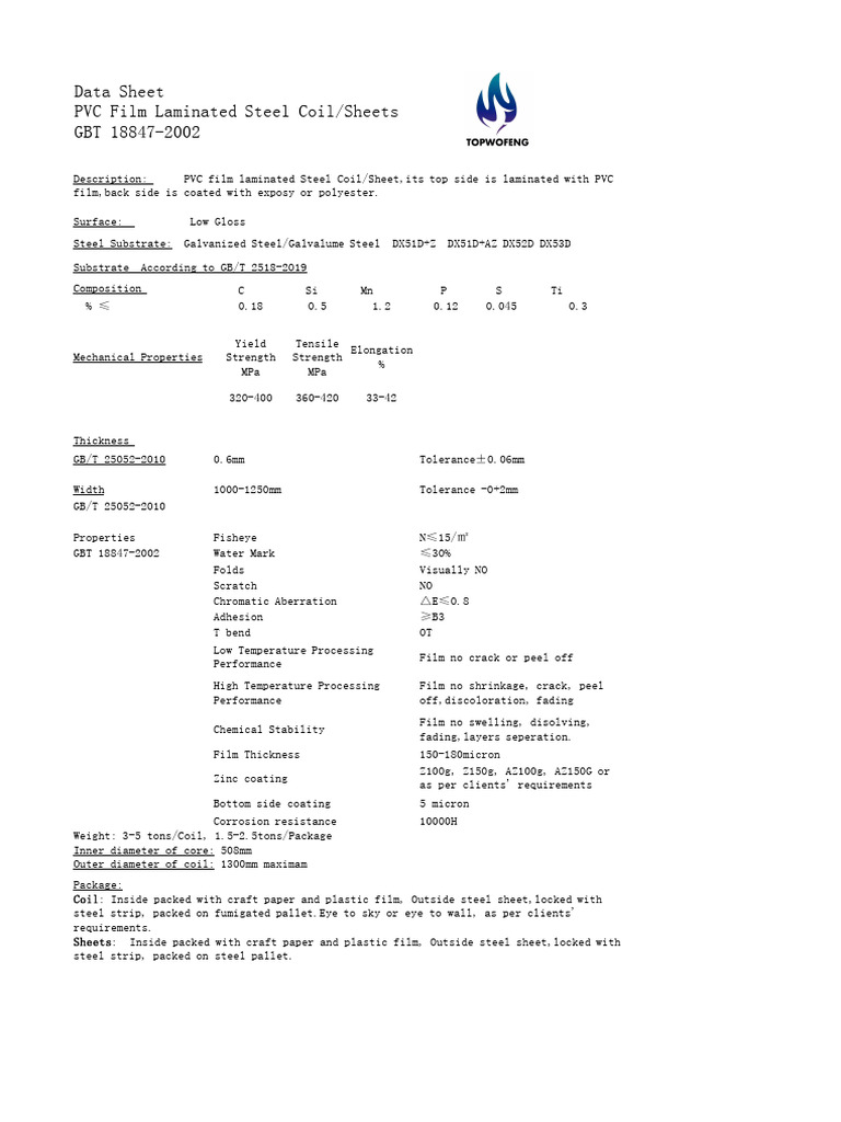 Data Sheet - PVC STEEL - Wofeng | PDF | Sheet Metal | Lamination