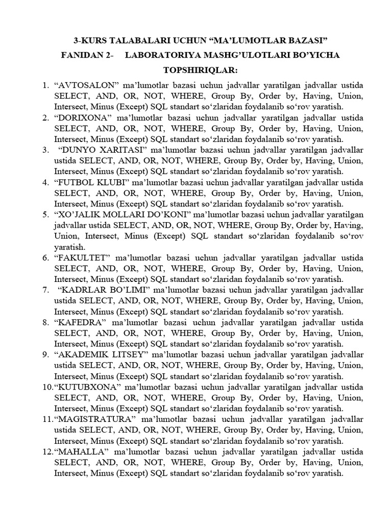 2-Amaliy Ishi Topshiriqlari | PDF