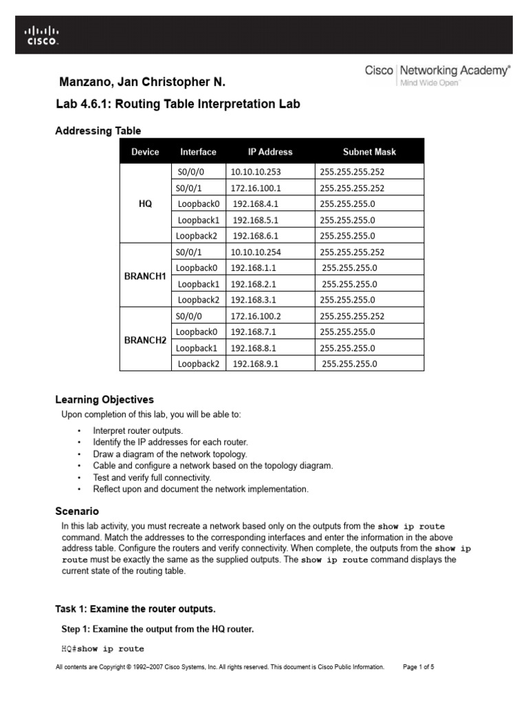 Manzano, Jan Christopher N. Lab 4.6.1: Routing Table Interpretation Lab | PDF | Computer Network ...