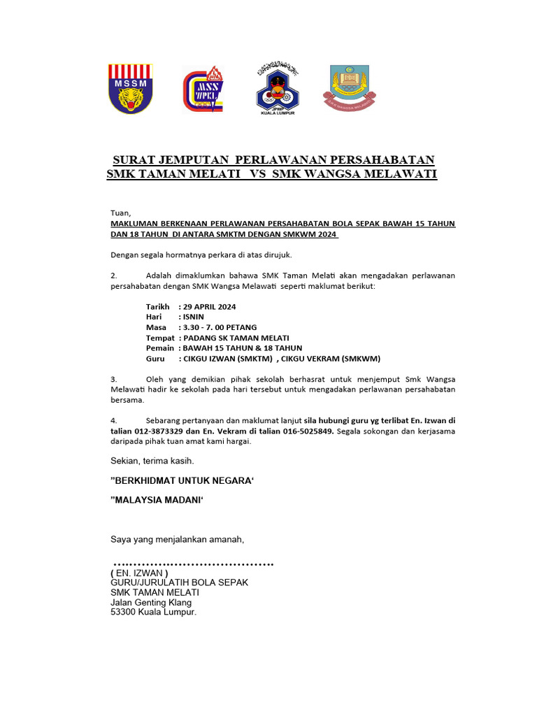 Surat Jemputan Perlawanan Persahabatan | PDF