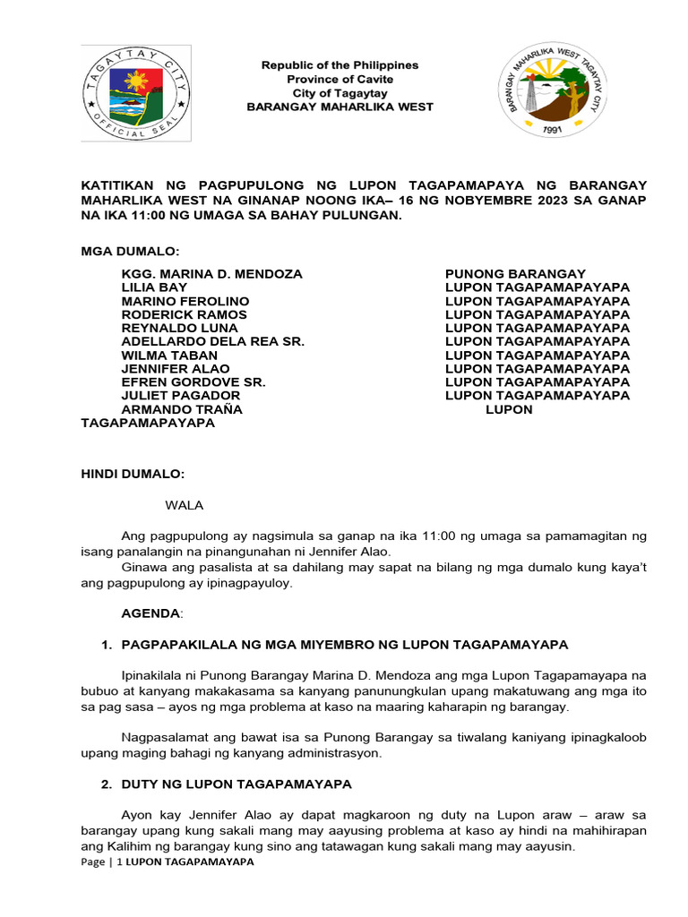 Page - 1 Lupon Tagapamayapa | PDF