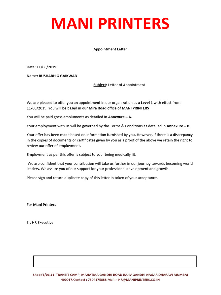 Mani Printers Appointment Letter | PDF | Contractual Term | Employment