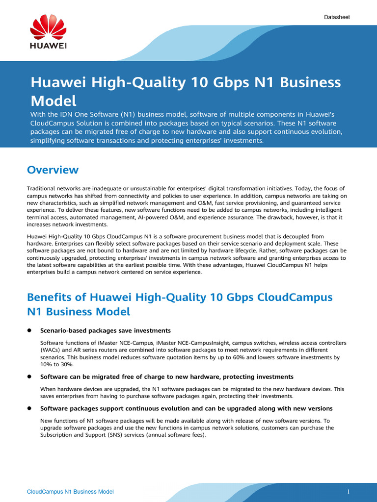 Technical Brochure 95 - Huawei High-Quality 10 Gbps CloudCampus N1 Business Model Datasheet ...