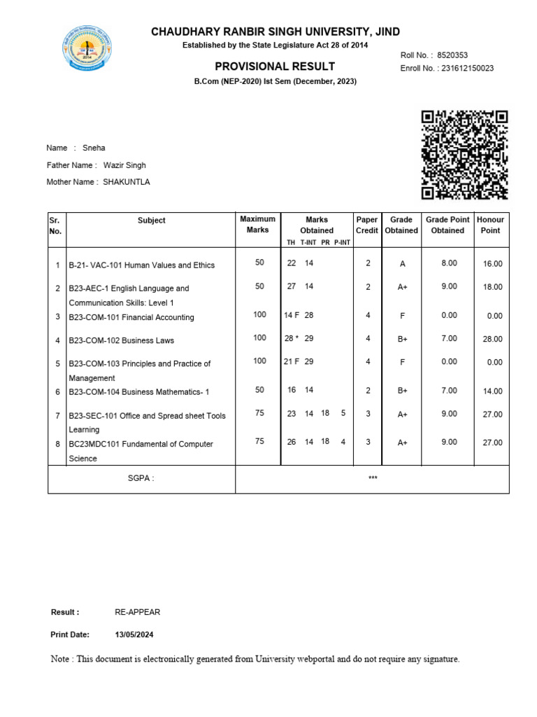 Provisional Marksheet | PDF
