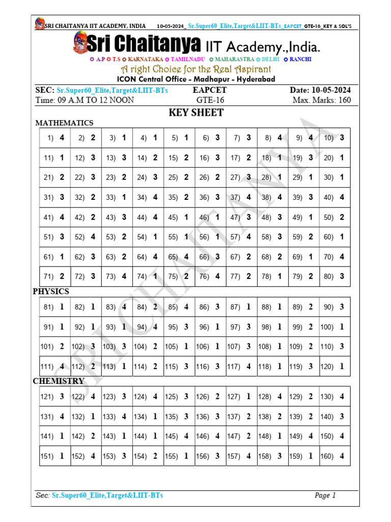 10-05-2024 - SR - Super60 - Elite, Target & LIIT-BTs - EAPCET - EGT-16 - KEY & SOL'S | PDF ...