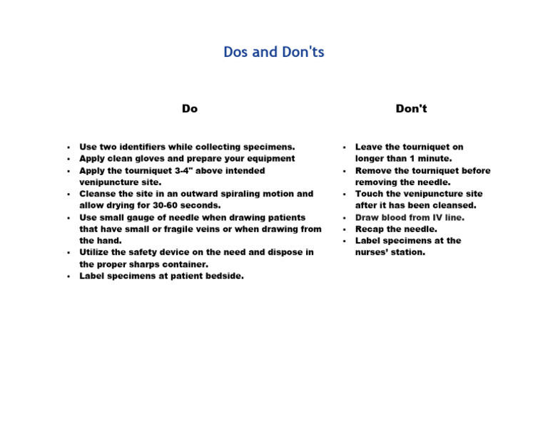 Dos and Don't in Phlebotomy 2019 | PDF | Science & Mathematics