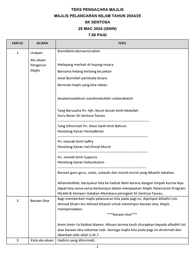 Teks MC Perasmian Nilam 2024 | PDF