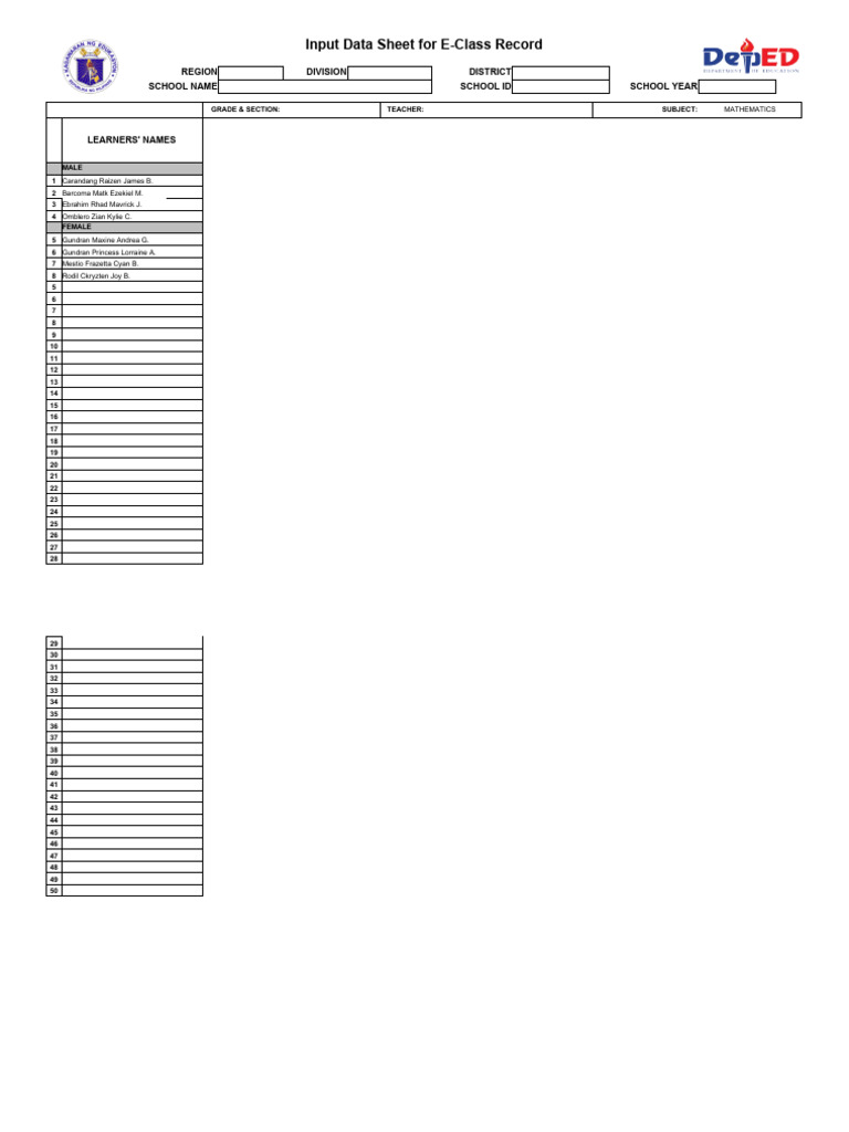 Grade 4 Mathematics Class Record 2023 2024 | Download Free PDF ...