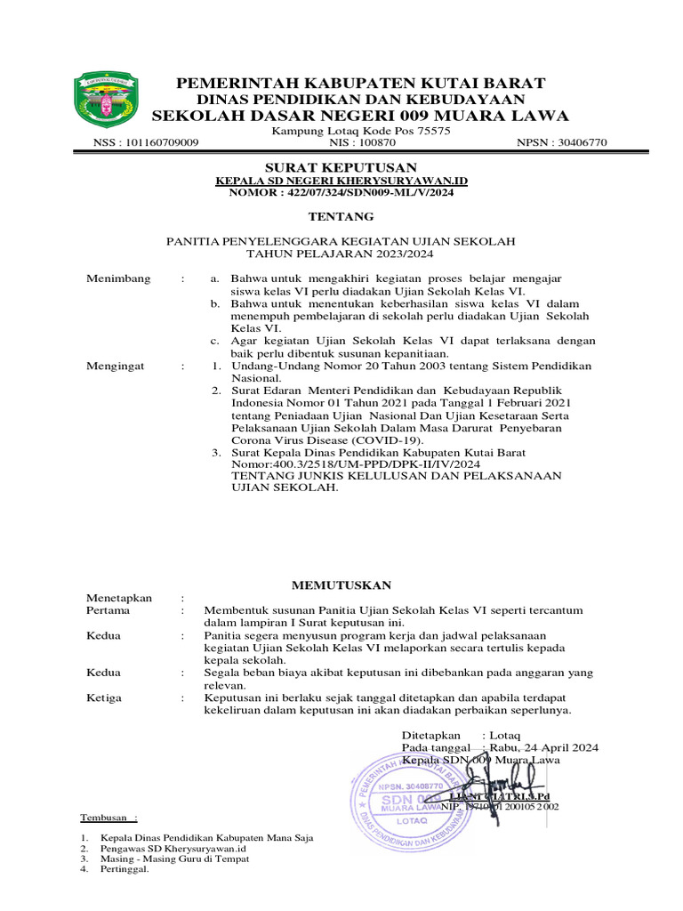 SK Panitia Ujian Sekolah 2024 | PDF