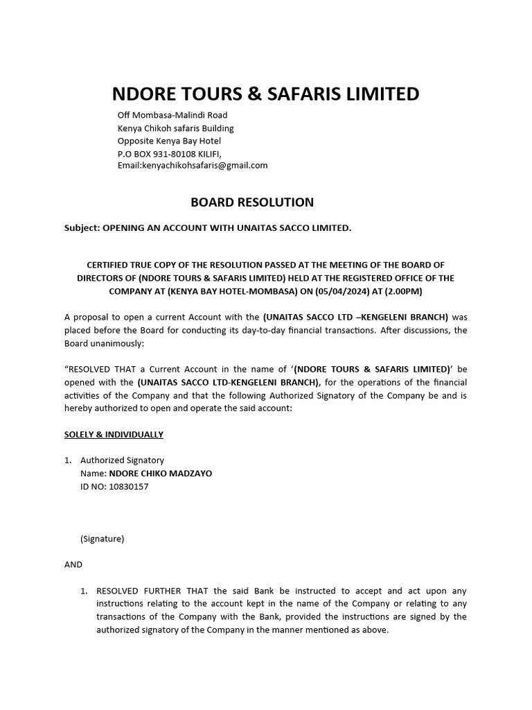 BanK Account Resolution-NDORE TOURS & SAFARIS LTD | PDF | Overdraft | Banks
