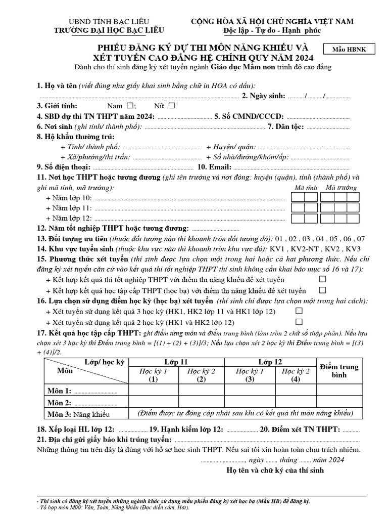 Phieu Dang Ky Thi Nang Khieu GDMN 2024 KQHT THPT | PDF