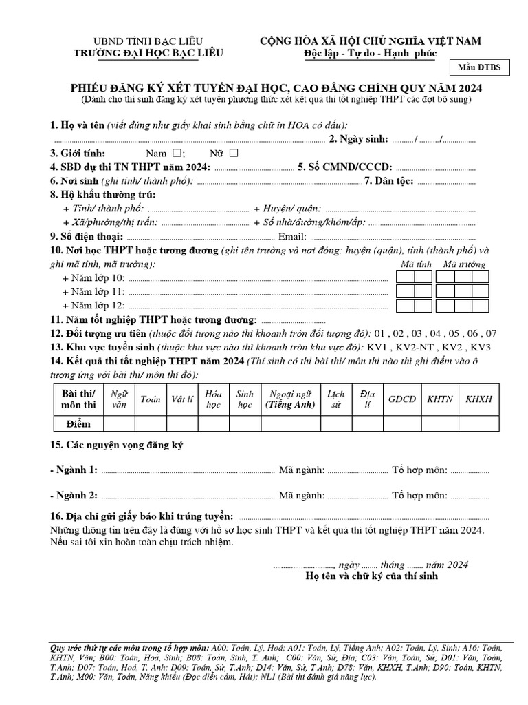 Phieu Dang Ky 2024 KQTHI THPT | PDF