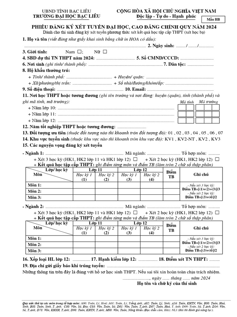 Phieu Dang Ky 2024 KQHT THPT | PDF