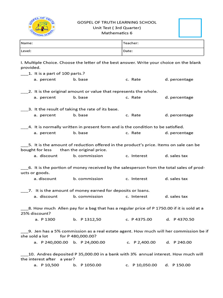 3rd Quarter Unit Test Math 6 | PDF | Percentage | Interest