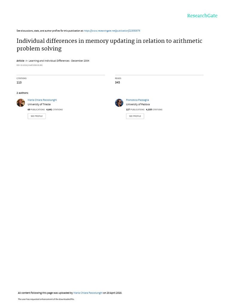 Individual Differences in Memory Updating in Relation To Arithmetic Problem Solving | PDF ...