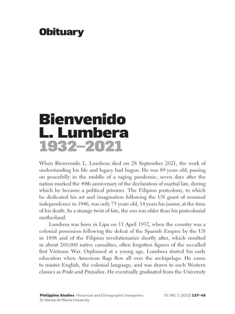 Bienvenido Lumbera 1932 2021 | PDF