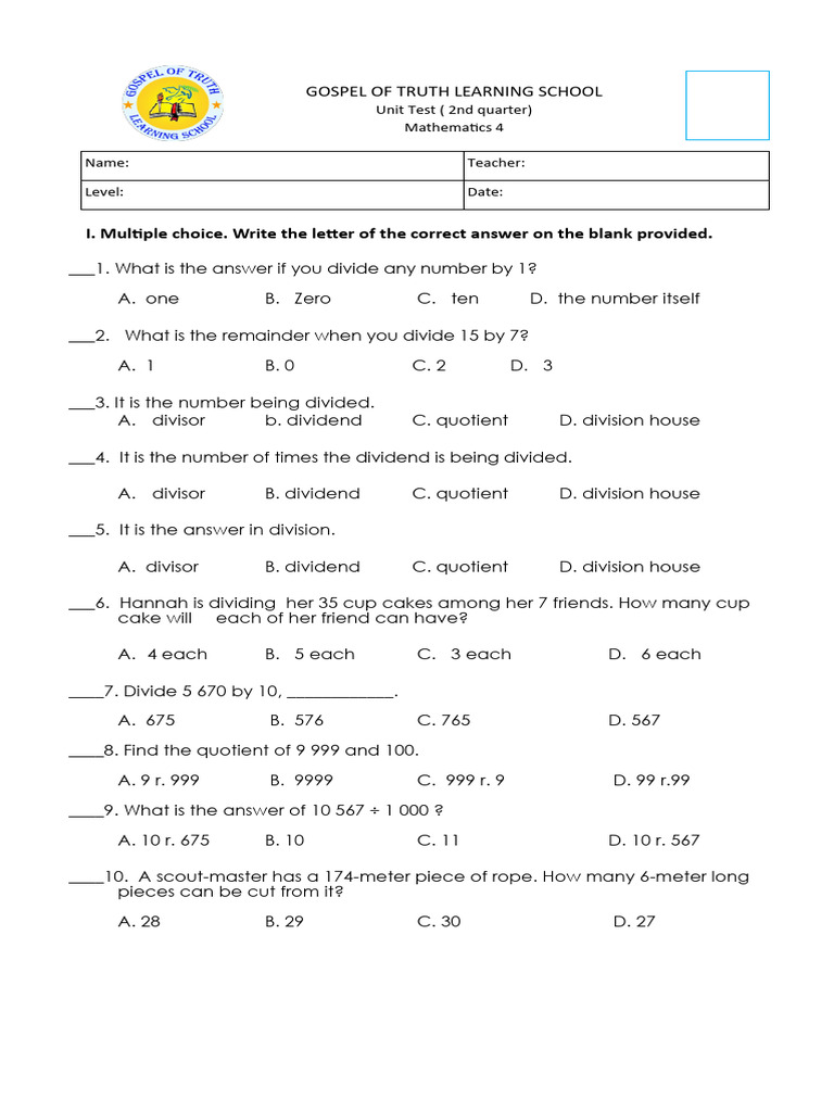2nd unit test math g4 | PDF