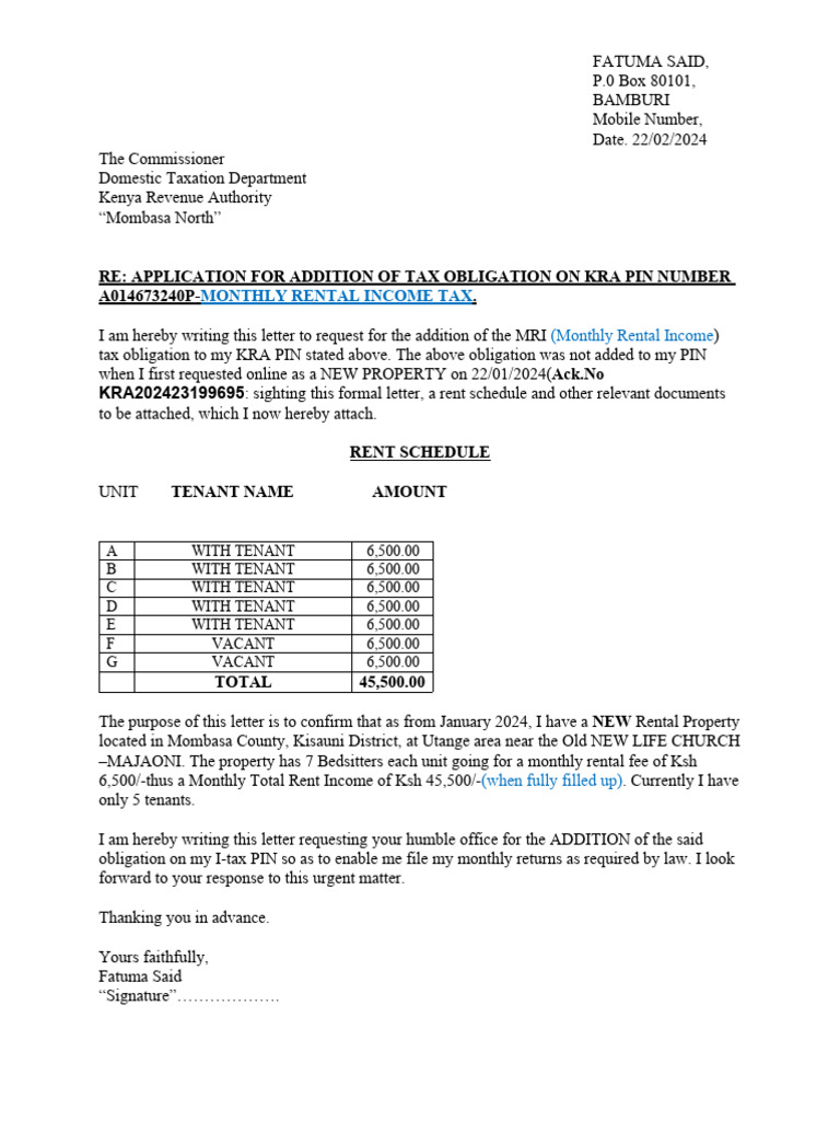 Request to Add Tax Obligation on KRA PIN | PDF | Finance & Money Management