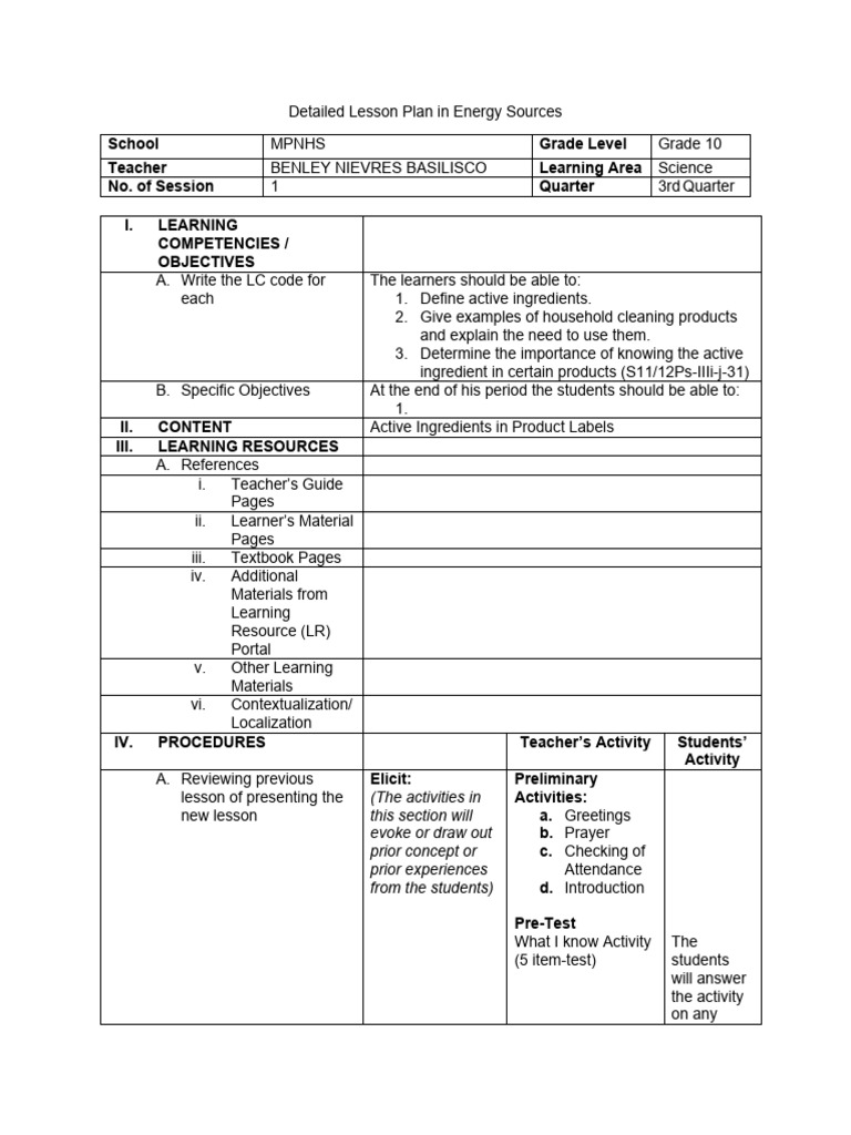 BENLEY Detailed-Lesson-Plan-in-Active-Ingredients | PDF | Lesson Plan | Learning