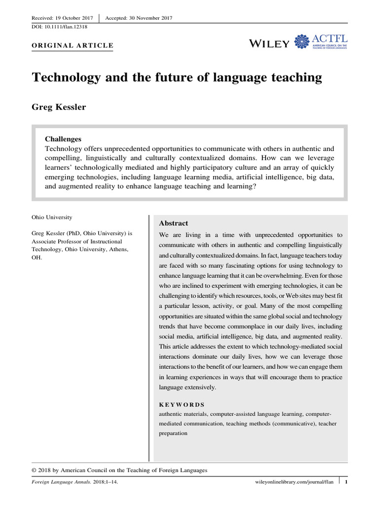 Kessler2018 - Technology Future Language Teaching | PDF | Learning | Language Education