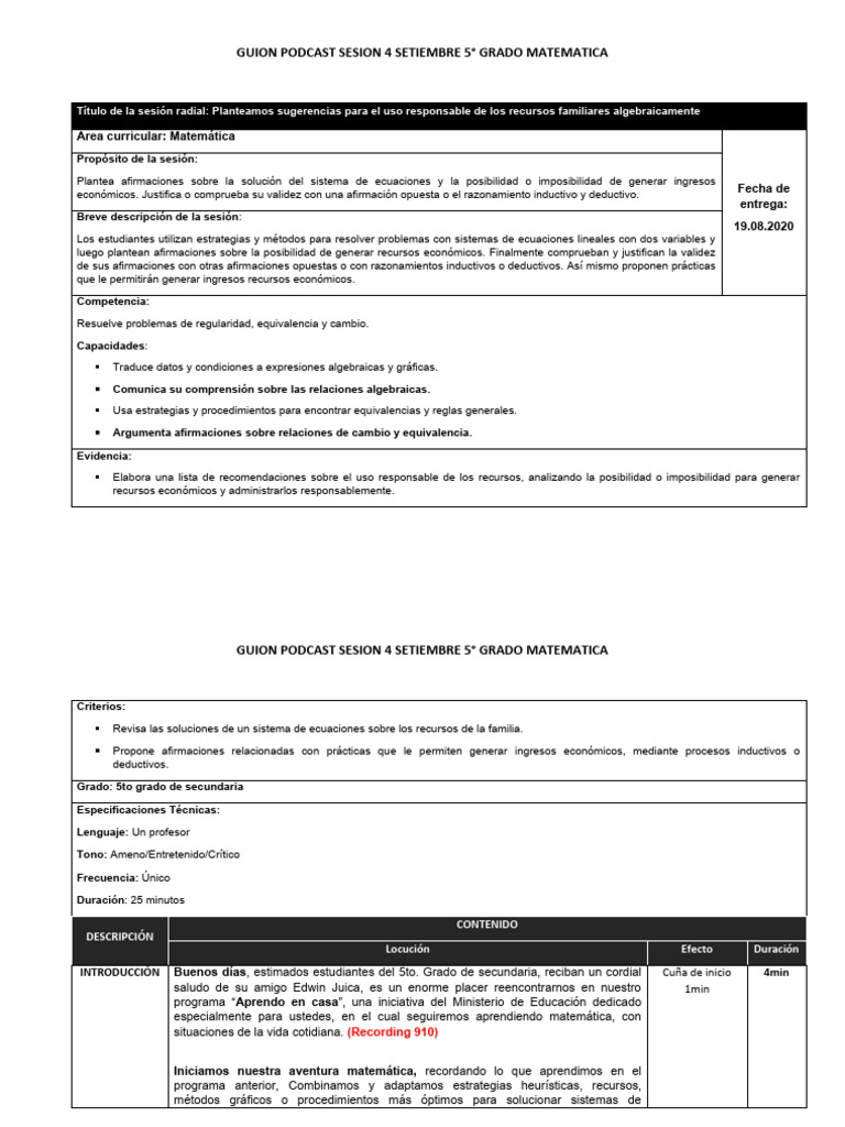 Guion Secund. 5° Matem II. Sesión 18 09-Setiem | PDF | Ecuaciones | Hospital