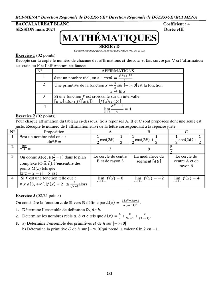 Sujet Baccalauréat Blanc Math D 2024 | PDF | Nombre complexe | Géométrie