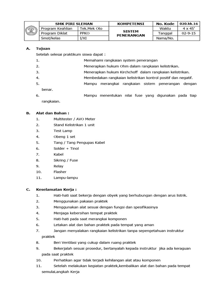 Praktikum Sistem Penerangan SMK PIRI | PDF