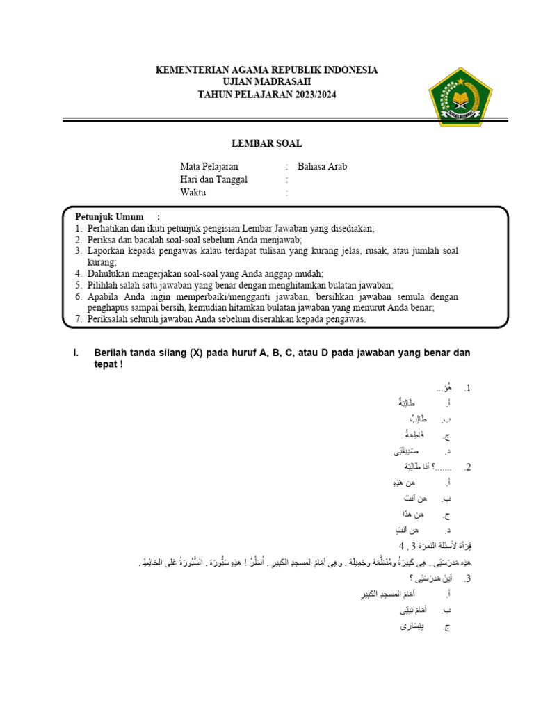 Soal UM MTs - Bahasa Arab | PDF