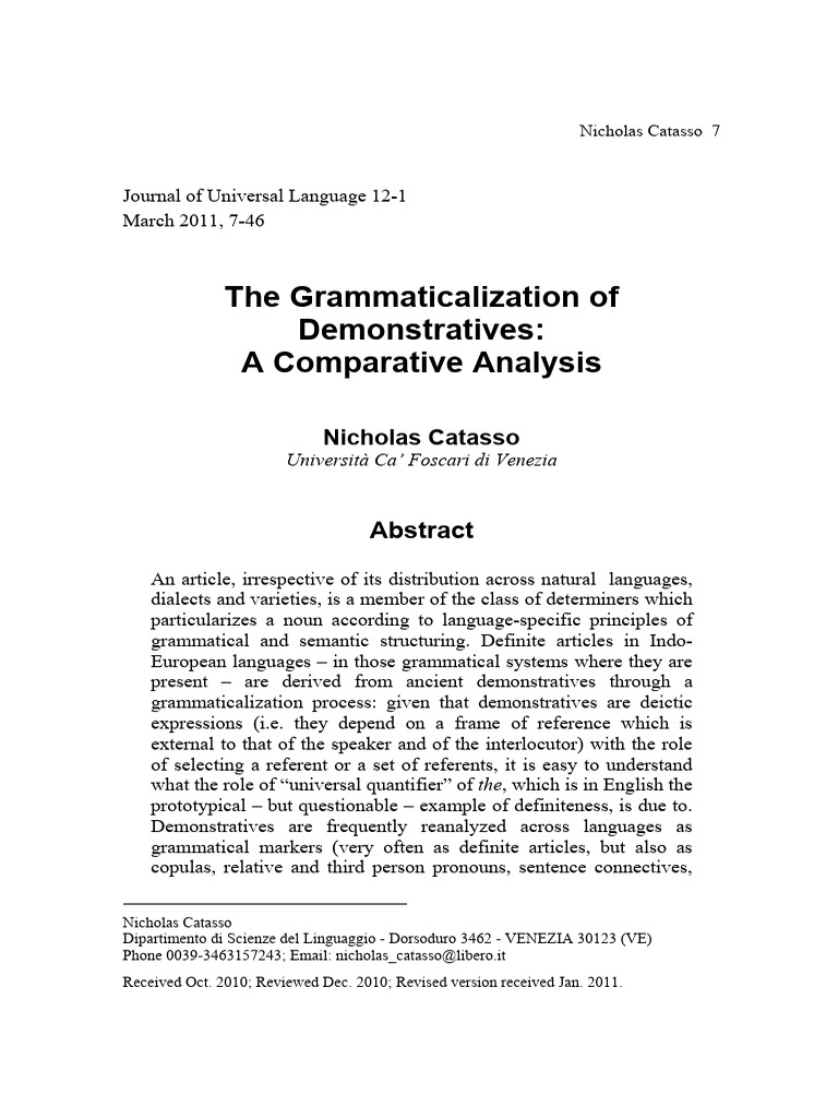 The Grammaticalization of Demonstratives A Compara-1 | PDF | Word | Grammatical Number