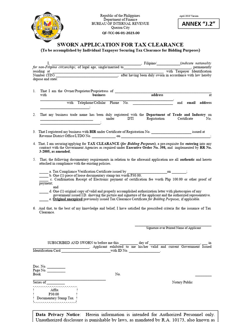 Sworn Tax Clearance Application J.2 | PDF | Identity Document | Government