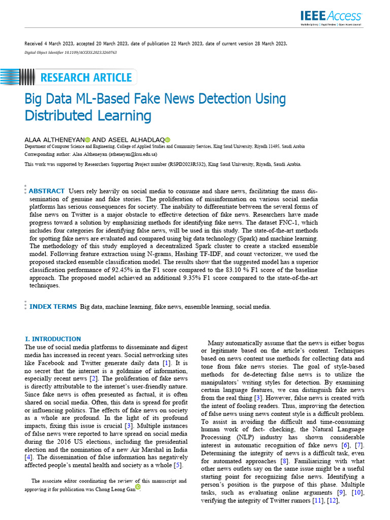 Big Data ML-Based Fake News Detection Using Distributed Learning | PDF ... Big Data ML-Based Fake News Detection Using Distributed Learning | PDF ...