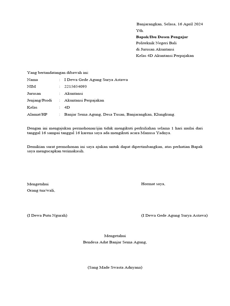 Format Surat Ijin Tidak Mengikuti Perkuliahan | PDF