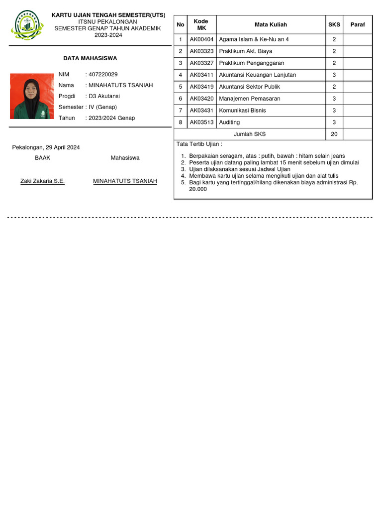 Cetak Kartu Ujian Nim 407220029 | PDF