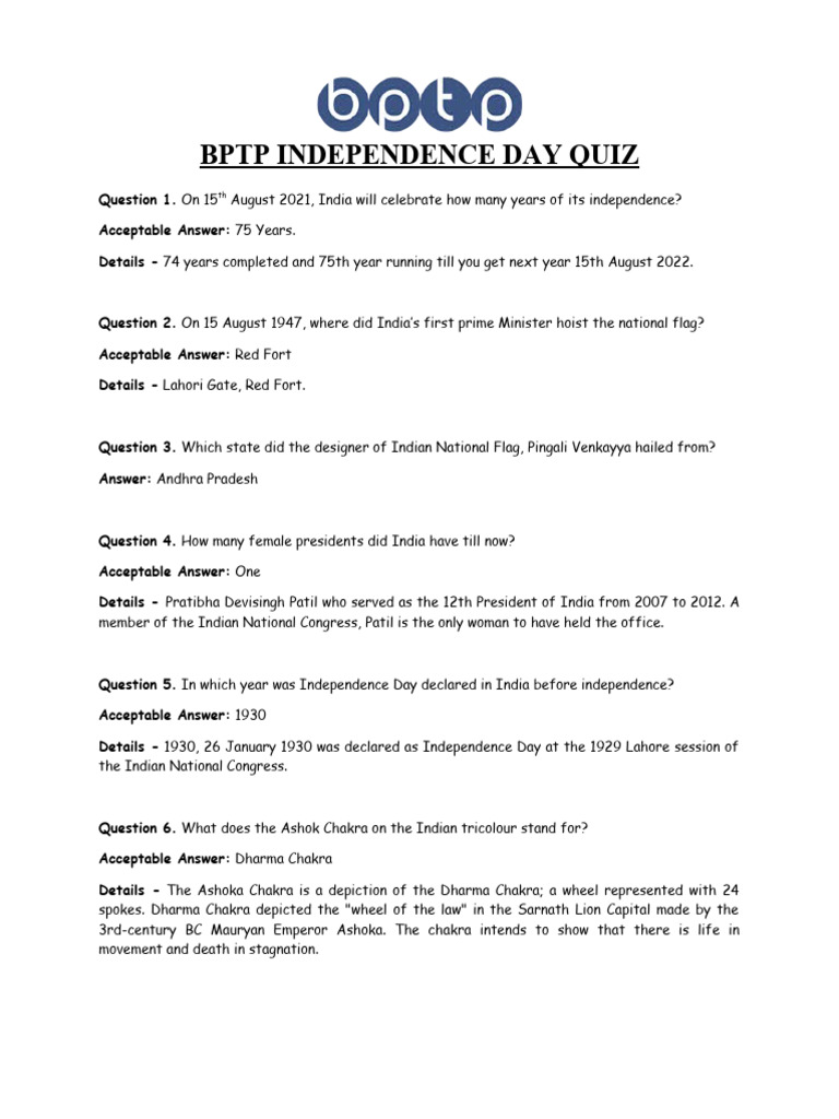 Independence Day Quiz: 75 Questions | PDF | South Asia