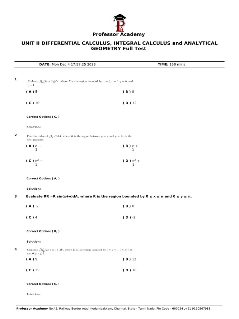 Unit Ii Differential Calculus Integral Calculus And Analytical Geometry Full Test Pdf