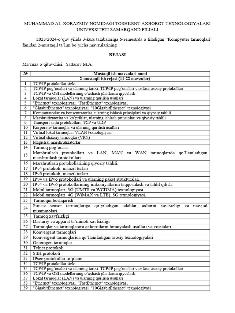KT. Mustaqil Ish Mavzulari (2) | PDF