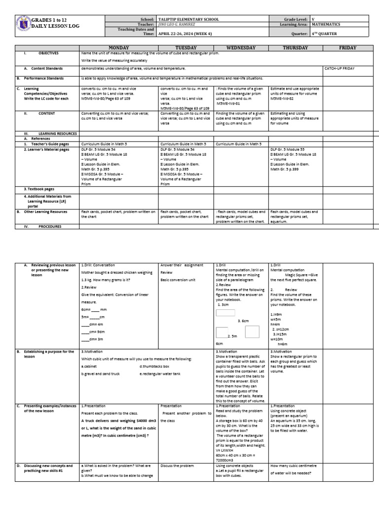 Grade 5 DLL MATH 5 Q4 Week 4 | PDF | Volume | Metrology