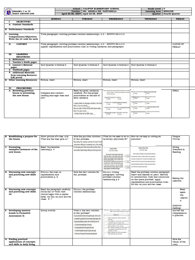 English 5 Week 5 Lesson Plan | PDF | Learning | Reading Comprehension