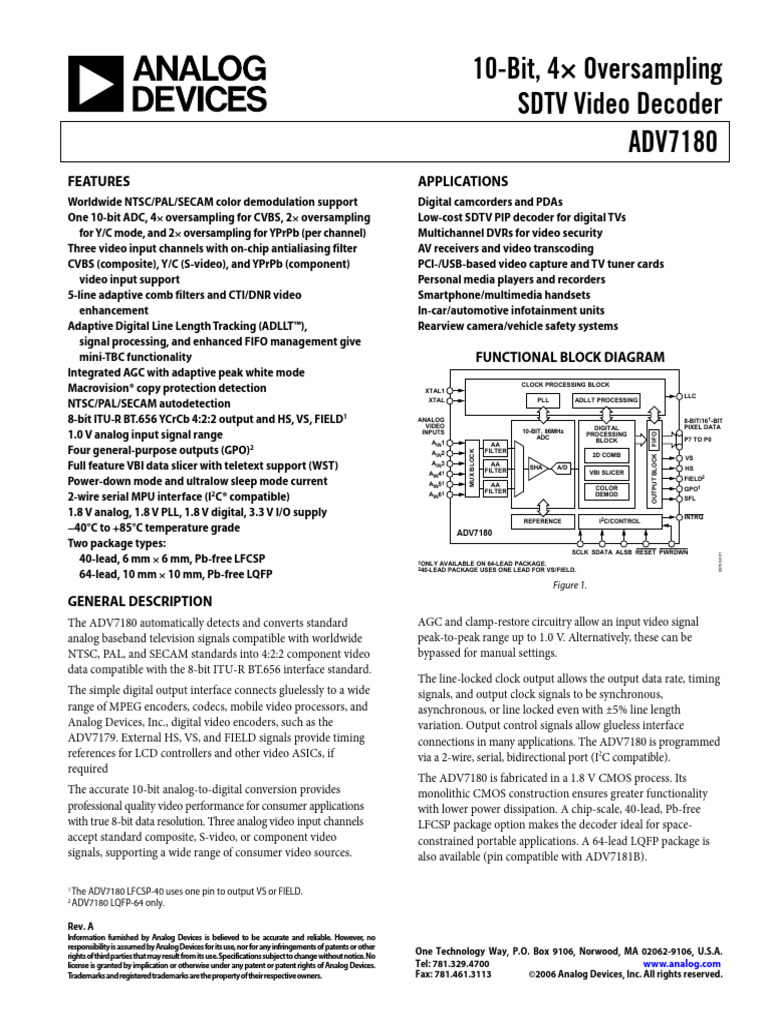ADV7180 | PDF | Video | Analog To Digital Converter