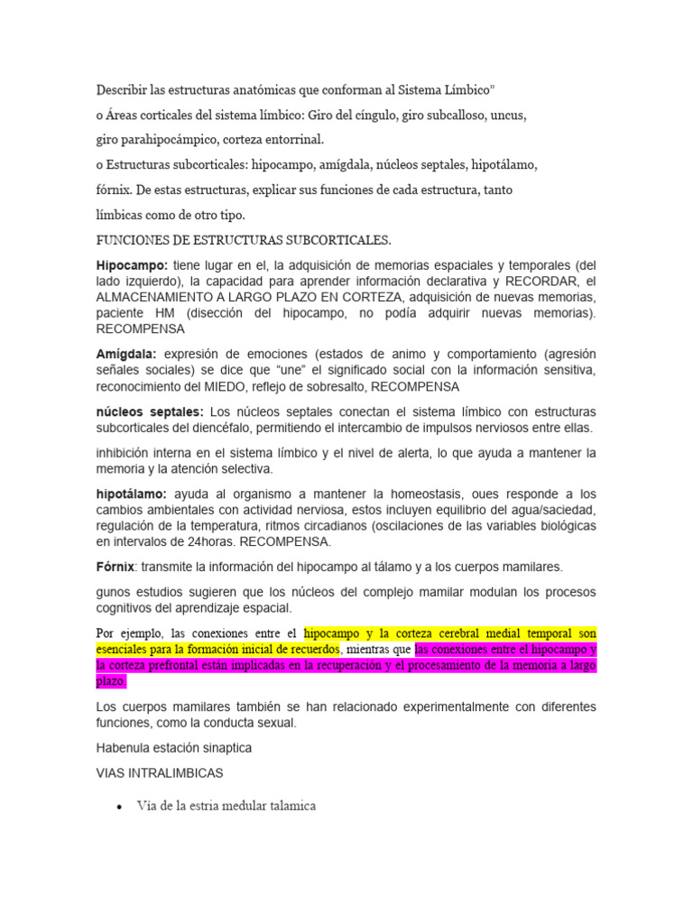 Estructuras y funciones del sistema límbico | PDF | Sistema límbico ...
