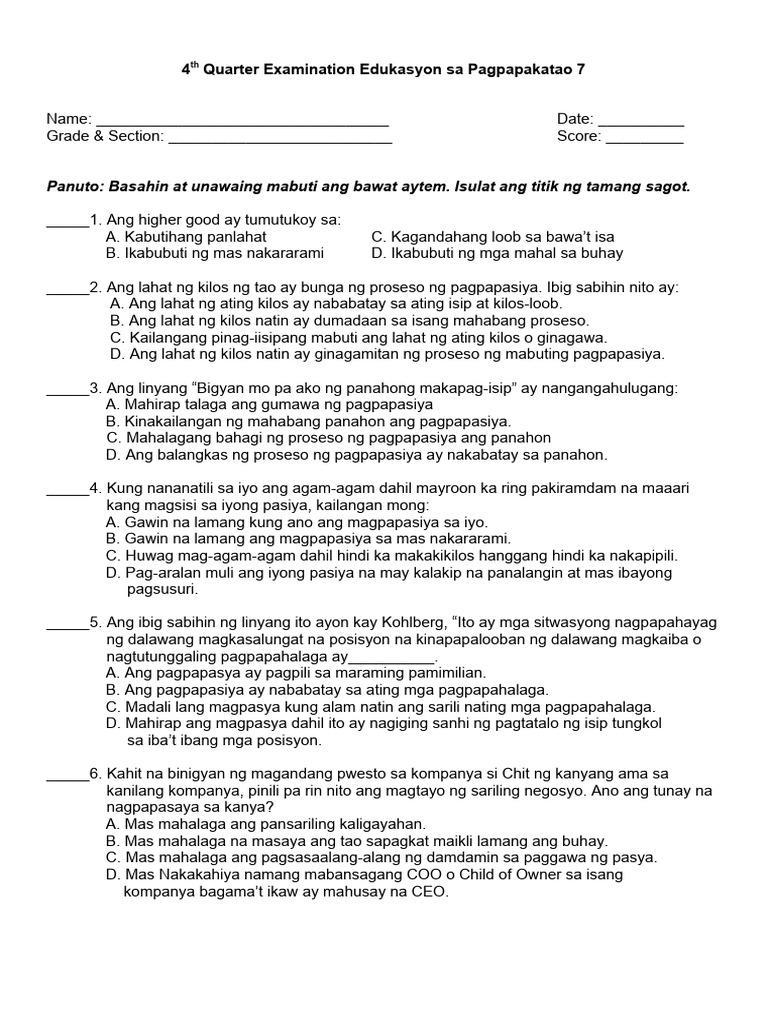 EsP7 Assessment Q4 | PDF