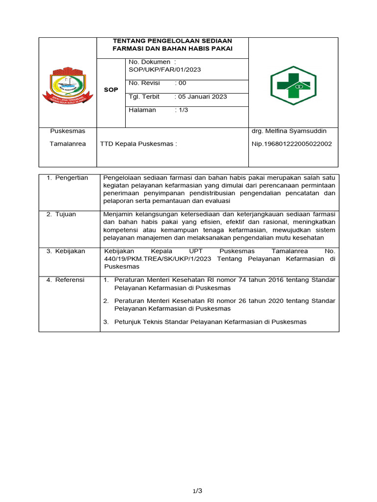 Sop Pengelolaan Sediaan Farmasi Dan BHP 1 | PDF