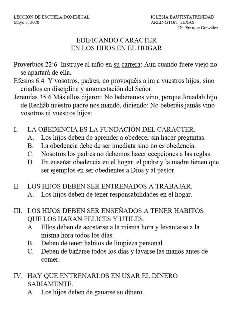Leccion 1 EDIFICANDO CARACTER EN LOS HIJOS EN EL HOGAR | PDF
