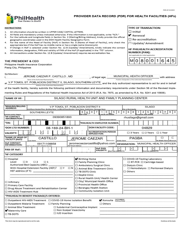 AnnexA - UpdatedProviderDataRecord - HealthFacilities (FILLABLE) EDIT | PDF